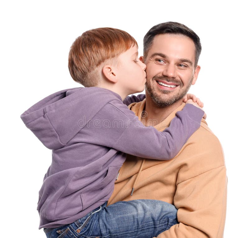 Son Hugging and Kissing Father on White Background Stock Photo - Image ...