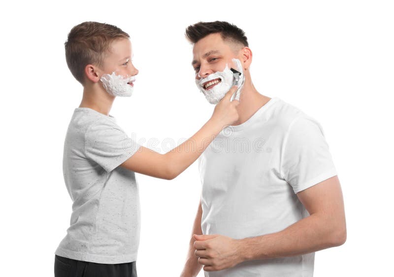 Son Shaving His Dad with Razor Isolated Stock Image - Image of child ...