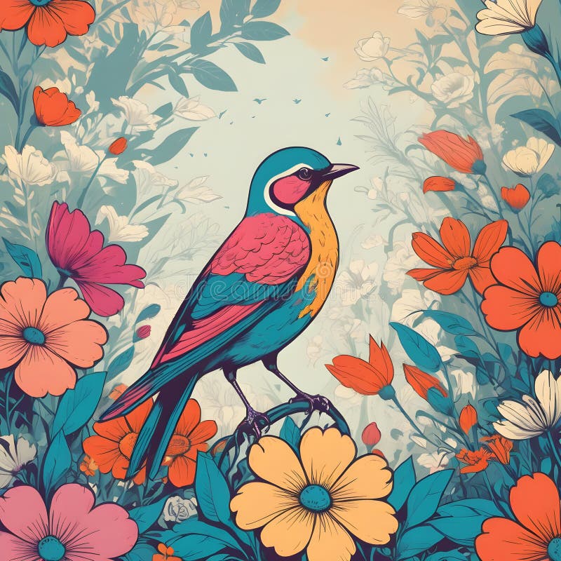 Songbird and Flowers Illustration Stock Illustration - Illustration of ...
