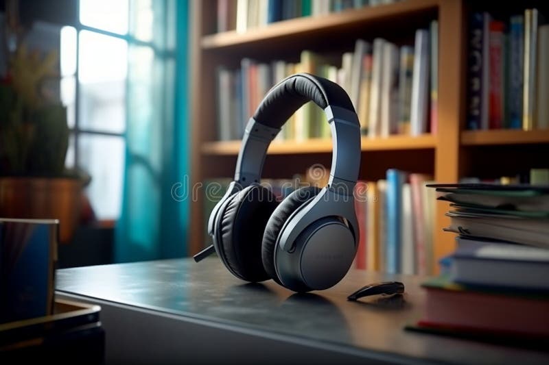 Sonic Immersion, Headphones and Stacks of Books in the Library Stock ...