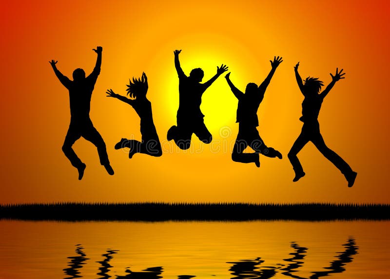 Springende Leute Im Sonnenuntergang Stock Abbildung - Illustration von ...