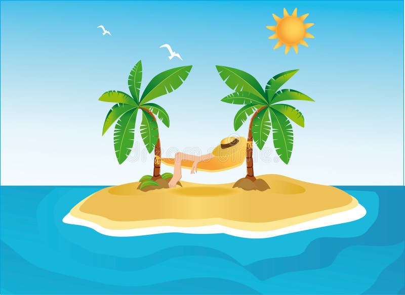 Sonnige Insel Mit Palmen Und Hängematte Stock Abbildung - Illustration ...