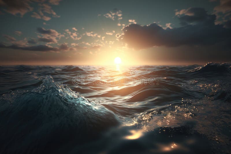 Soothing Sunset Over the Ocean with Sun and Waves, Generative AI Stock ...