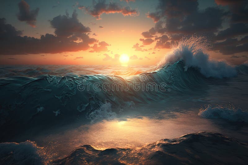 Soothing Sunset Over the Ocean with Sun and Waves, Generative AI Stock ...