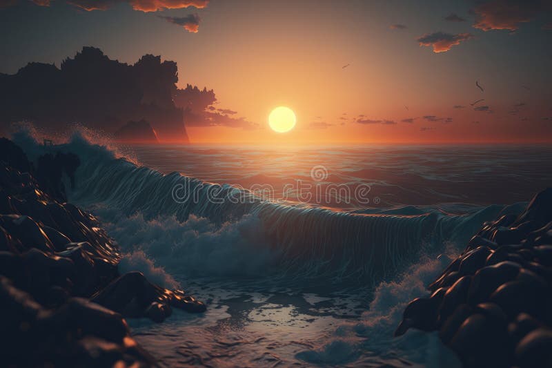 Soothing Sunset Over the Ocean with Sun and Waves, Generative AI Stock ...