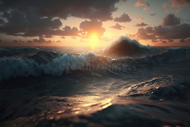 Soothing Sunset Over the Ocean with Sun and Waves, Generative AI Stock ...