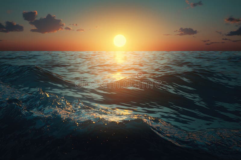 Soothing Sunset Over the Ocean with Sun and Waves, Generative AI Stock ...