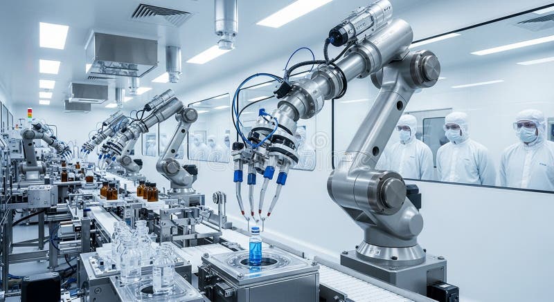 Automated Pharmaceutical Production Line with Robotic Arms in Cleanroom ...