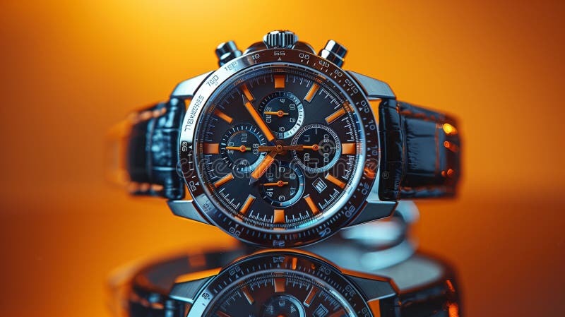 A Sophisticated Black and Orange Chronograph Watch with a Leather Strap ...