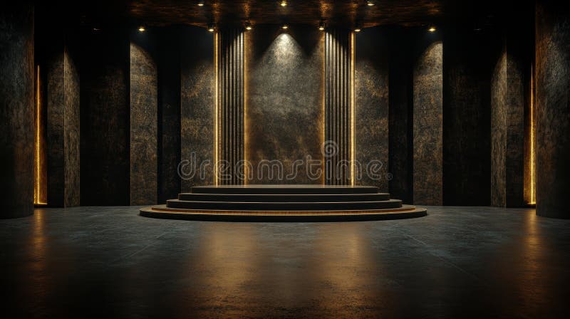 A Sophisticated Dark Stage Featuring Golden Accents and Columns ...