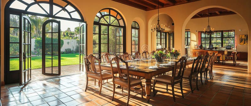Sophisticated Dining Area with Arched Windows Overlooking the Garden ...