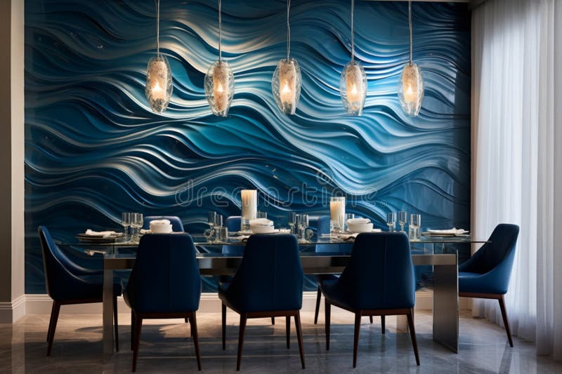 A Sophisticated Dining Room with a 3D Wave-patterned Wall in Shades ...