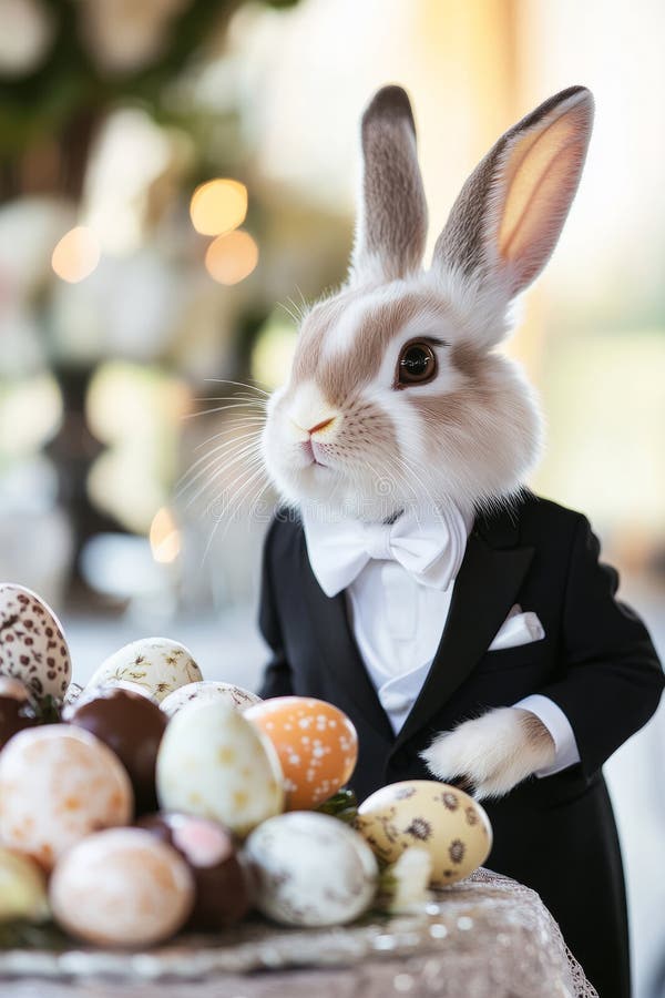 A Sophisticated Easter Bunny Dressed in a Tiny Tuxedo, Standing beside ...