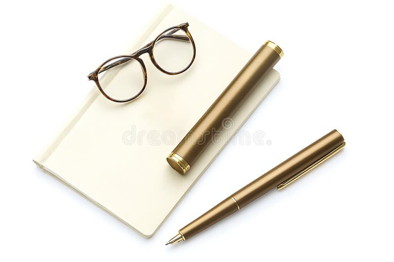 Elegant Gold Pen, Notebook, and Glasses Flat Lay Business Stationery ...