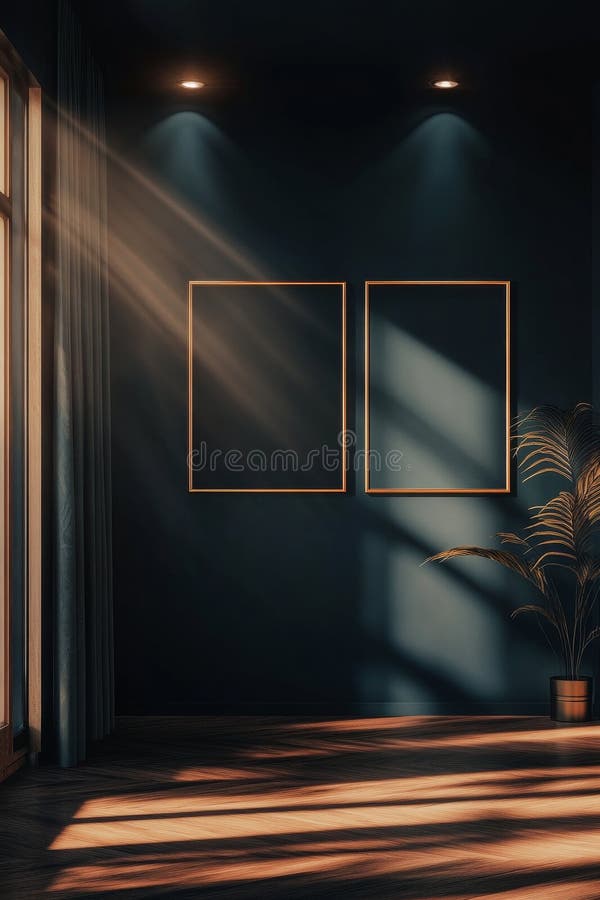 A Sophisticated Gallery Space Featuring an Empty Gold-framed Canvas on ...