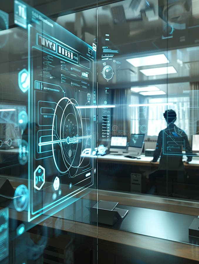 A Sophisticated High-tech Office Featuring a Futuristic Holographic ...