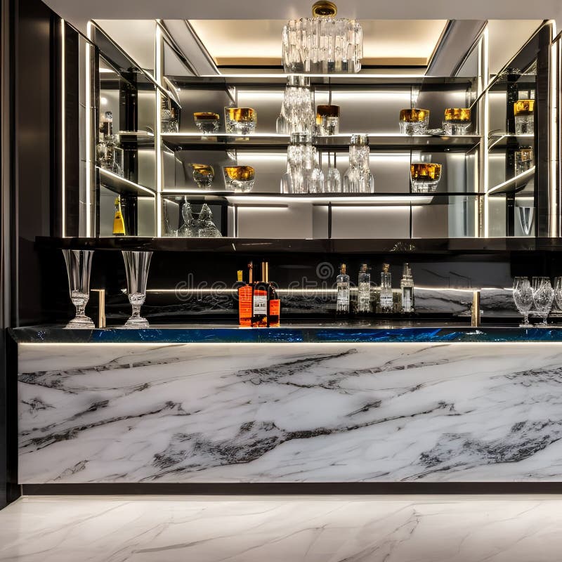 A Sophisticated Home Bar with a Marble Countertop, a Mirrored ...
