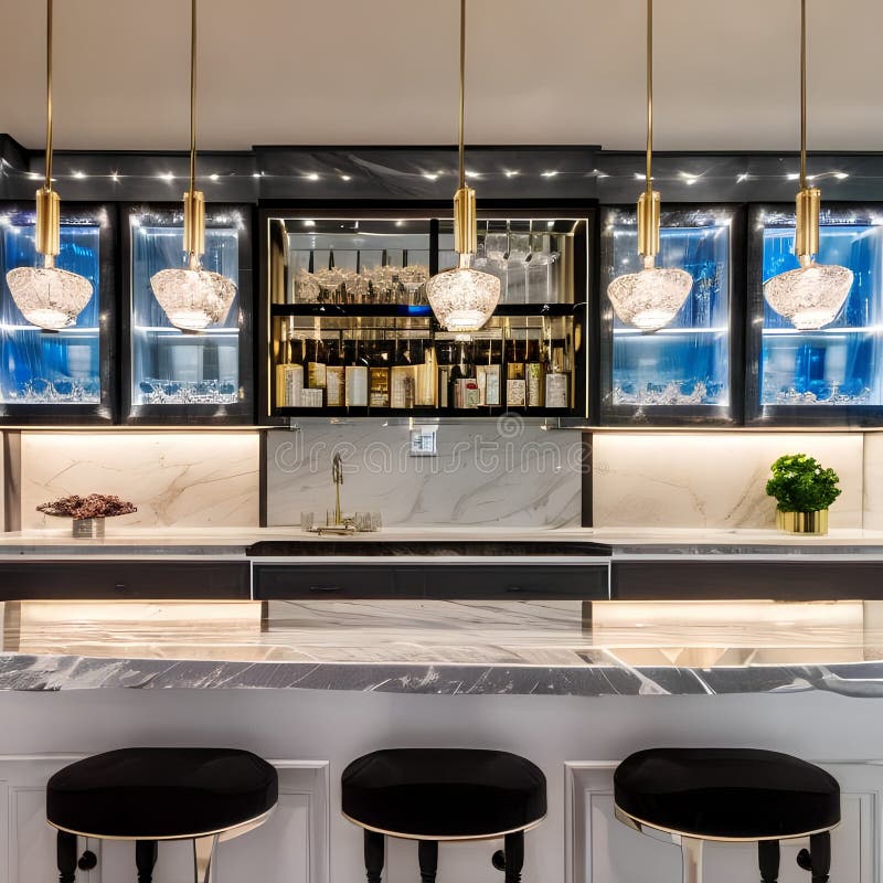 A Sophisticated Home Bar with a Marble Countertop, a Mirrored ...