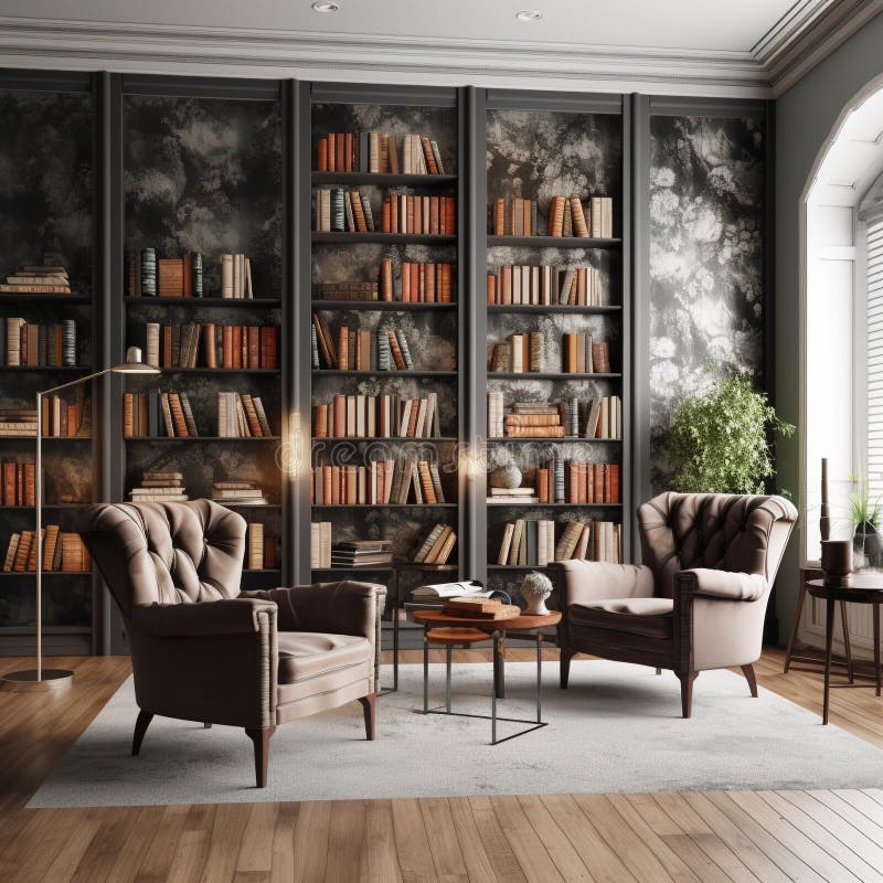 Sophisticated Home Library with Wall of Books and Reading Chairs Stock ...
