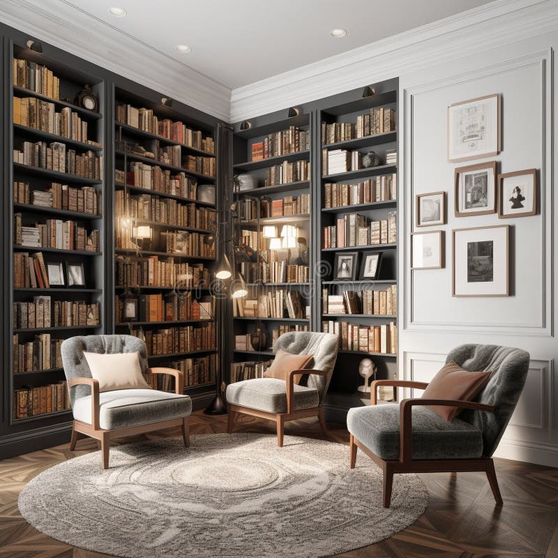 Sophisticated Home Library with Wall of Books and Reading Chairs Stock ...