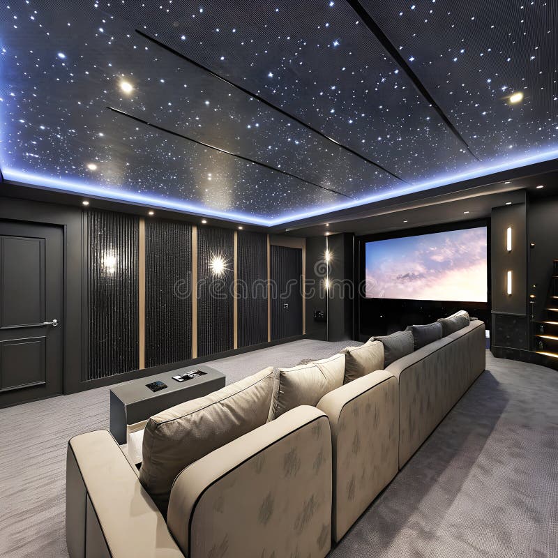 Luxury Home Theater with Starry Ceiling, Curved Seating, and Large ...