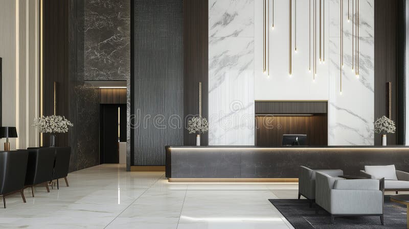 Sophisticated Hotel Reception Area with Marble and Gold Accents in ...