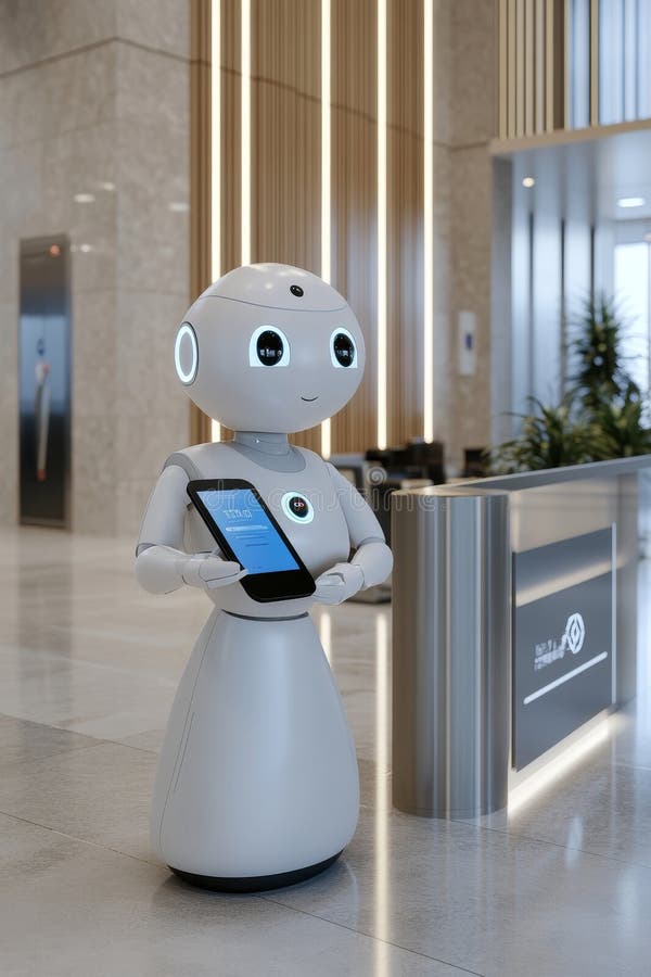 Sophisticated Humanoid Robot with Tablet Computer Navigates a Modern ...