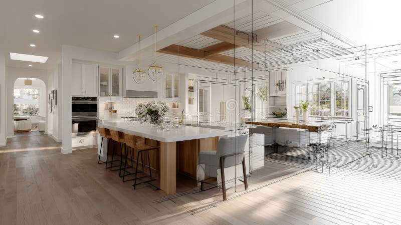 Modern Kitchen with Architectural Floor Plan Overlay. Generative AI ...
