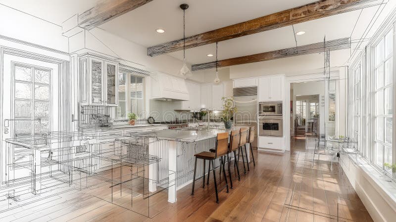 Modern Kitchen with Architectural Floor Plan Overlay. Generative AI ...