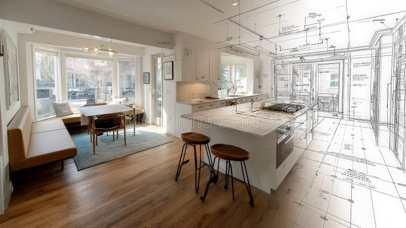 Modern Kitchen with Architectural Floor Plan Overlay. Generative AI ...