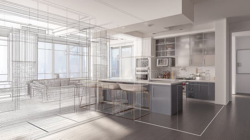 Modern Kitchen with Architectural Floor Plan Overlay. Generative AI ...
