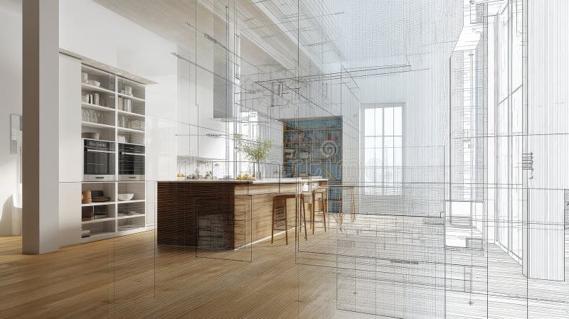 Modern Kitchen with Architectural Floor Plan Overlay. Generative AI ...