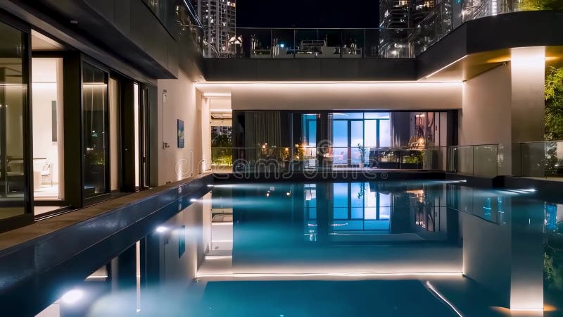 Modern Interior Pool with Reflective Ceiling and Ambient Illumination ...