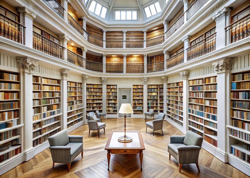 Sophisticated Library Design with Spacious Seating and White Walls ...