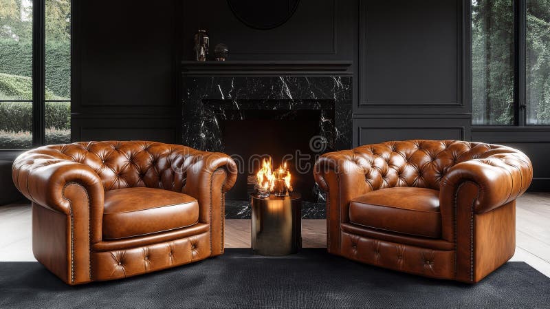 Sophisticated Lounge with Leather Chairs and Fire Stock Illustration ...