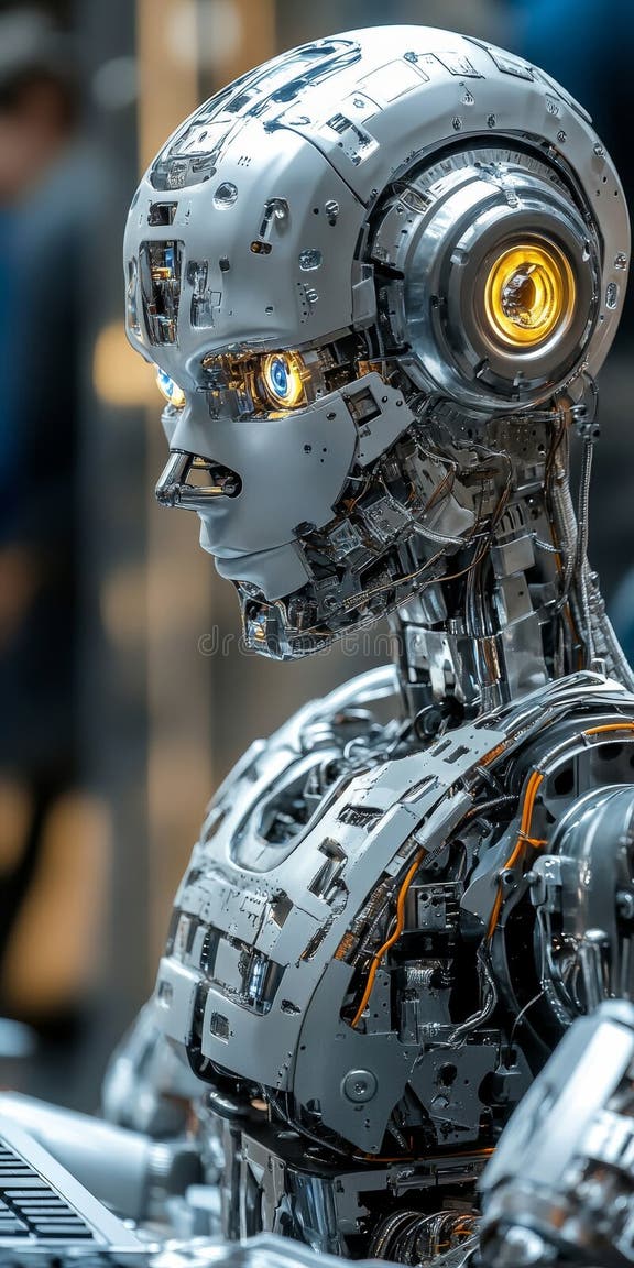 Sophisticated Metallic Cyborg Typing. Robotic Revolution, Programming ...