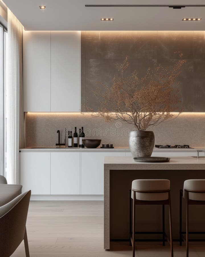 Sophisticated Minimalist Kitchen Design with Textured Backsplash and ...