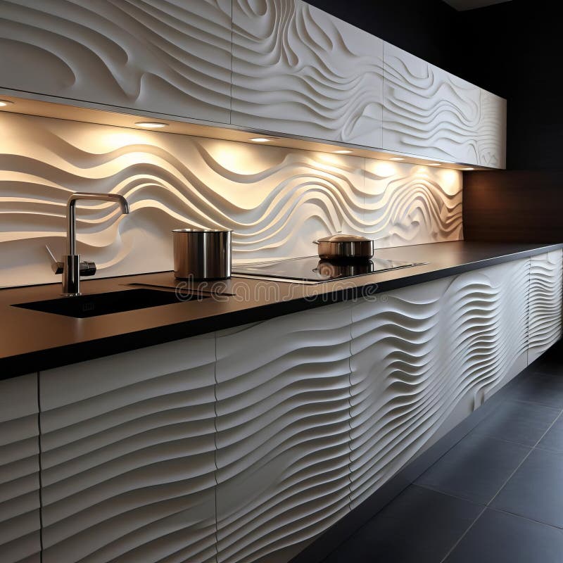 Sophisticated Modern Kitchen Island with Wavy Pattern Backsplash Stock ...