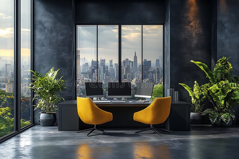 Sophisticated Office Features Multiple Computer Monitors, Yellow ...