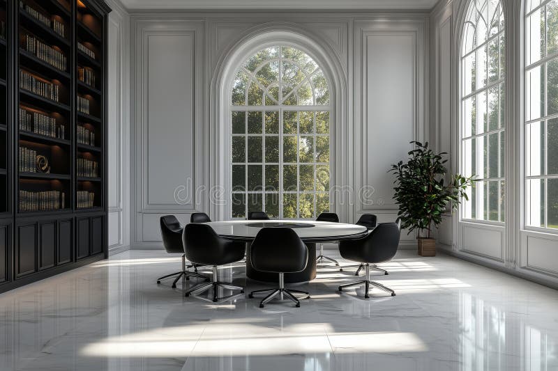 A Modern Round Table Meeting Space in a Bright CEO Office with ...