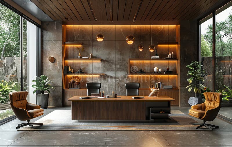 Elegant Modern Office with Dark Wood Wall Panels and Stylish Furniture ...