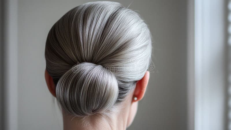 Sophisticated Older Lady with a Classic Chignon Bun in Silver Gray Radiating Timeless Elegance ...
