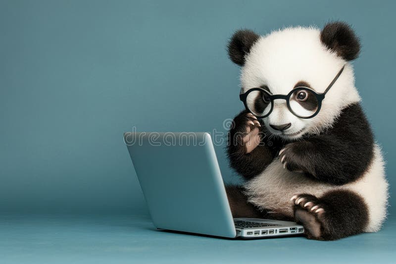 Sophisticated Panda Bear Adjusting Round Glass while Working on Laptop ...