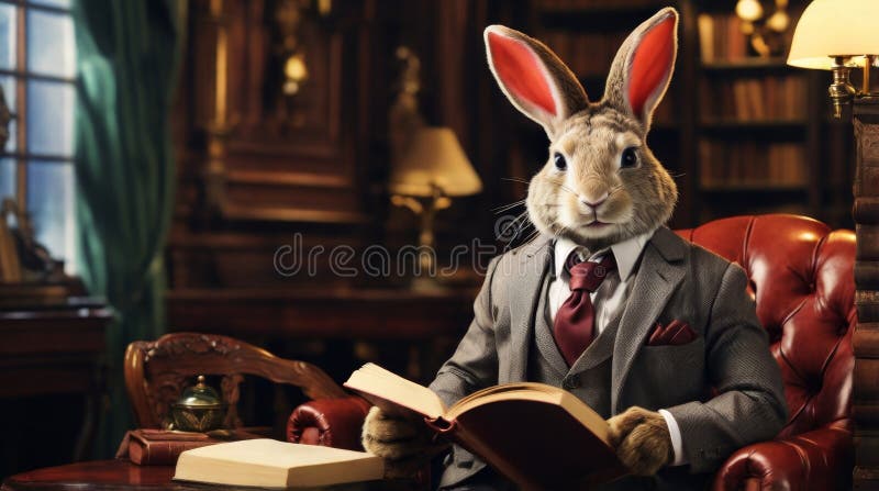 Dapper Rabbit Reading Book stock illustration. Illustration of study ...