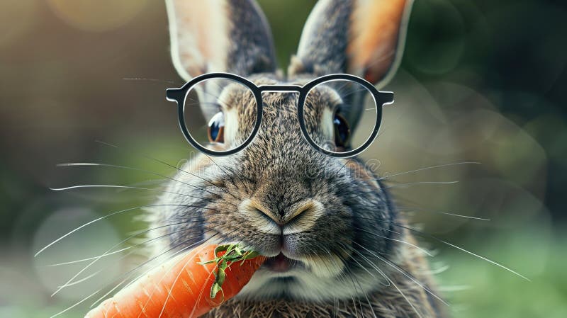 Sophisticated Rabbit in Eyeglasses Chewing on a Carrot Stock ...