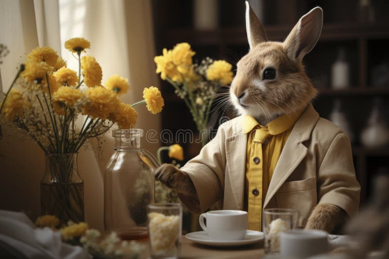 Sophisticated Rabbit in Suit Enjoying Coffee at a Cozy Cafe. Stock ...