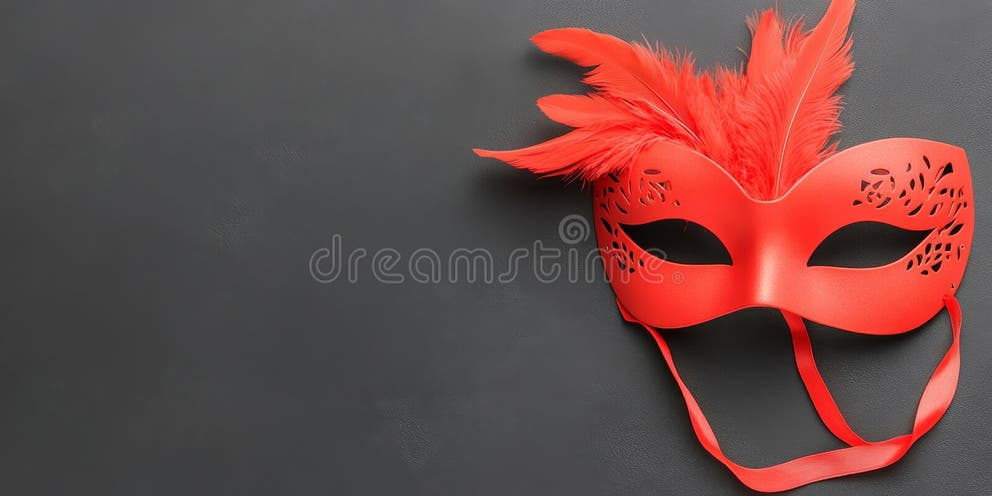 A Sophisticated Red Mask with Delicate Lace Patterns and Bold Feathers ...
