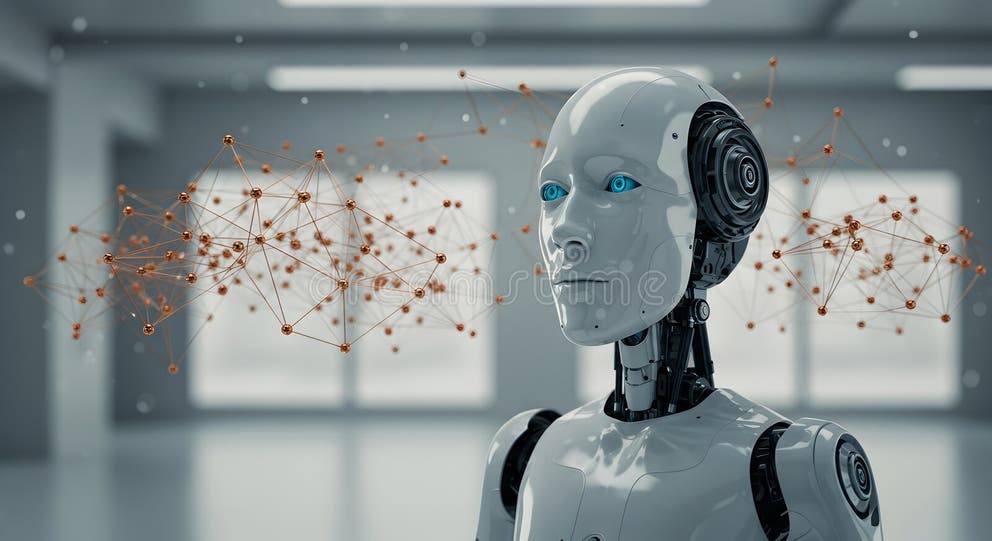 Futuristic Humanoid Robot Surrounded by Complex Digital Network ...