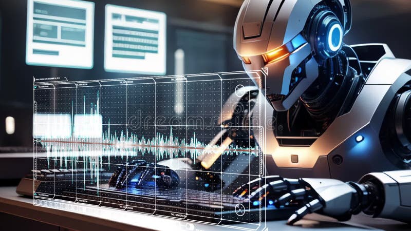 Animation - Advanced Robot Analyzing Data on Futuristic Digital ...
