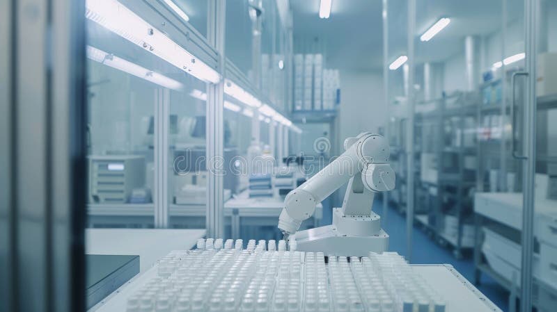 Automated Robotics Arm Working in a High-tech Pharmaceutical Lab Stock ...
